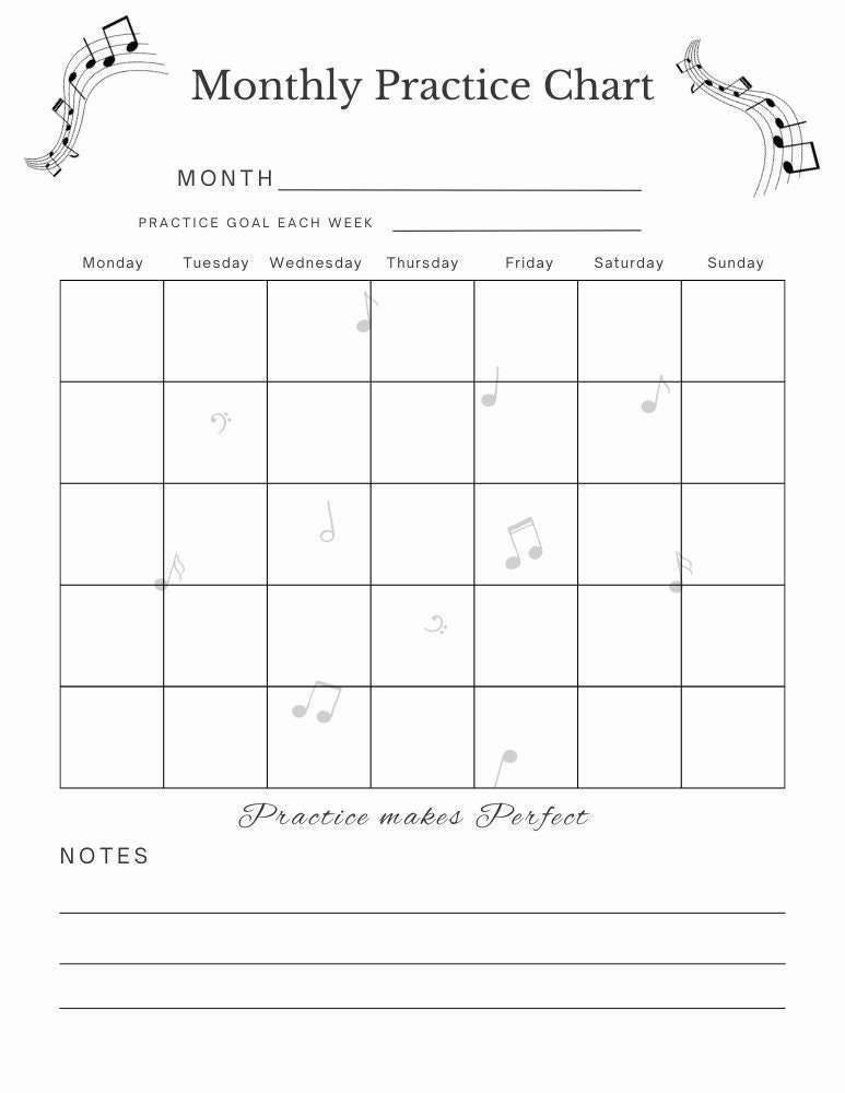 Printable Monthly Music Lesson Practice Chart; Student Instrument Log ...