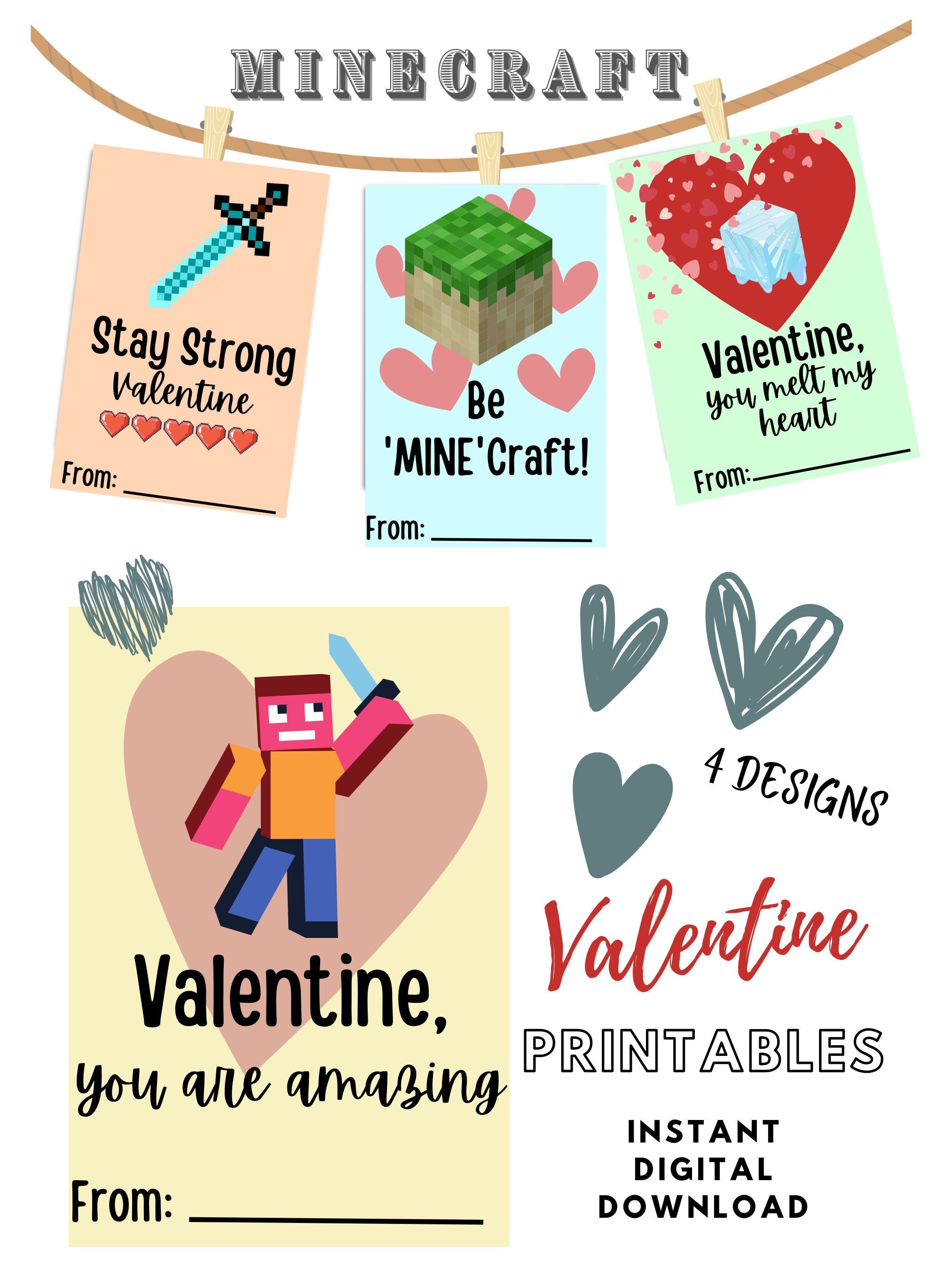 Minecraft Valentine Cards Instant Download Printable for School ...