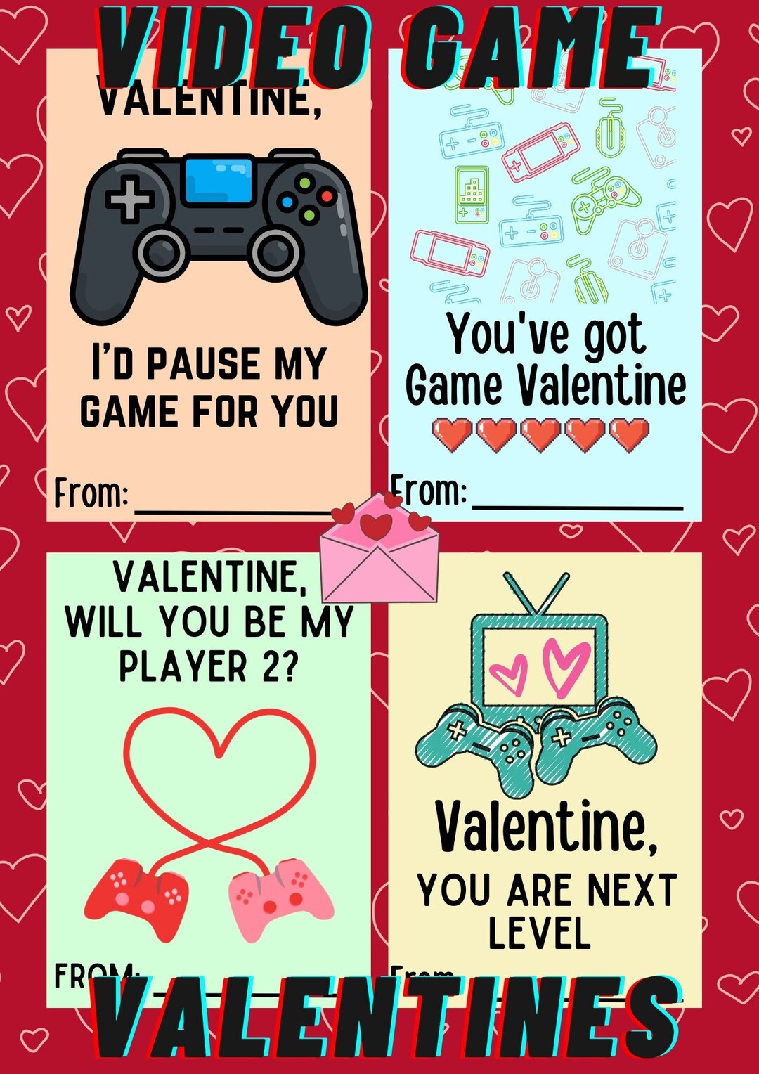 Video Game Valentine Cards Instant Printable for School Classroom Kids ...