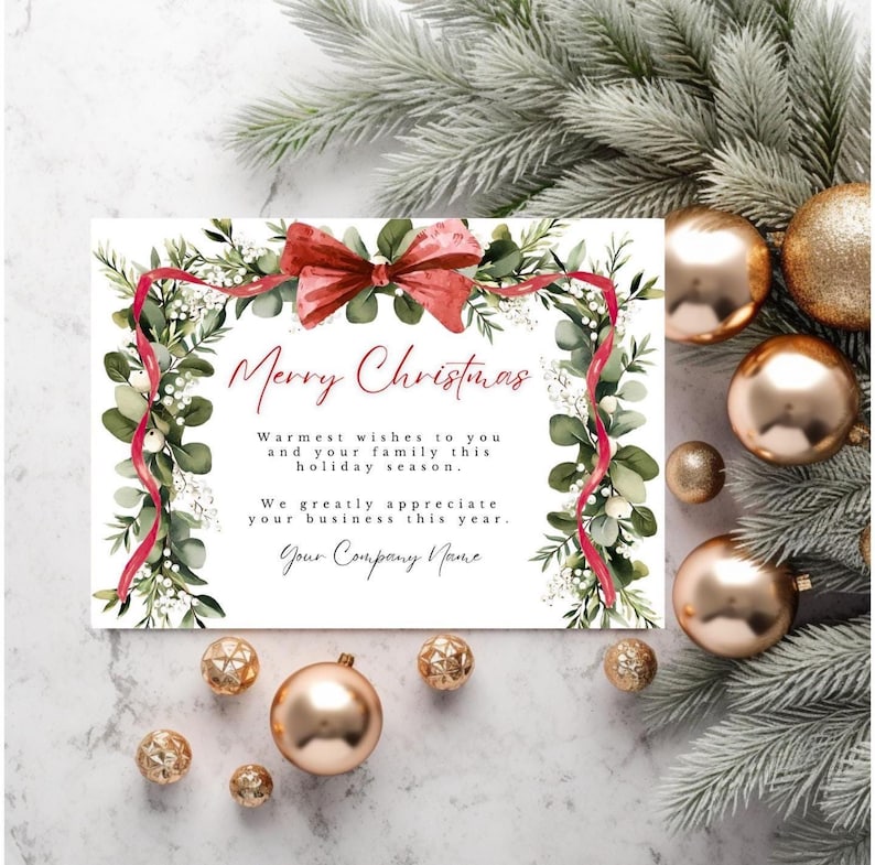 Printable Business Christmas Card - Watercolor Red Bow and Garland ...
