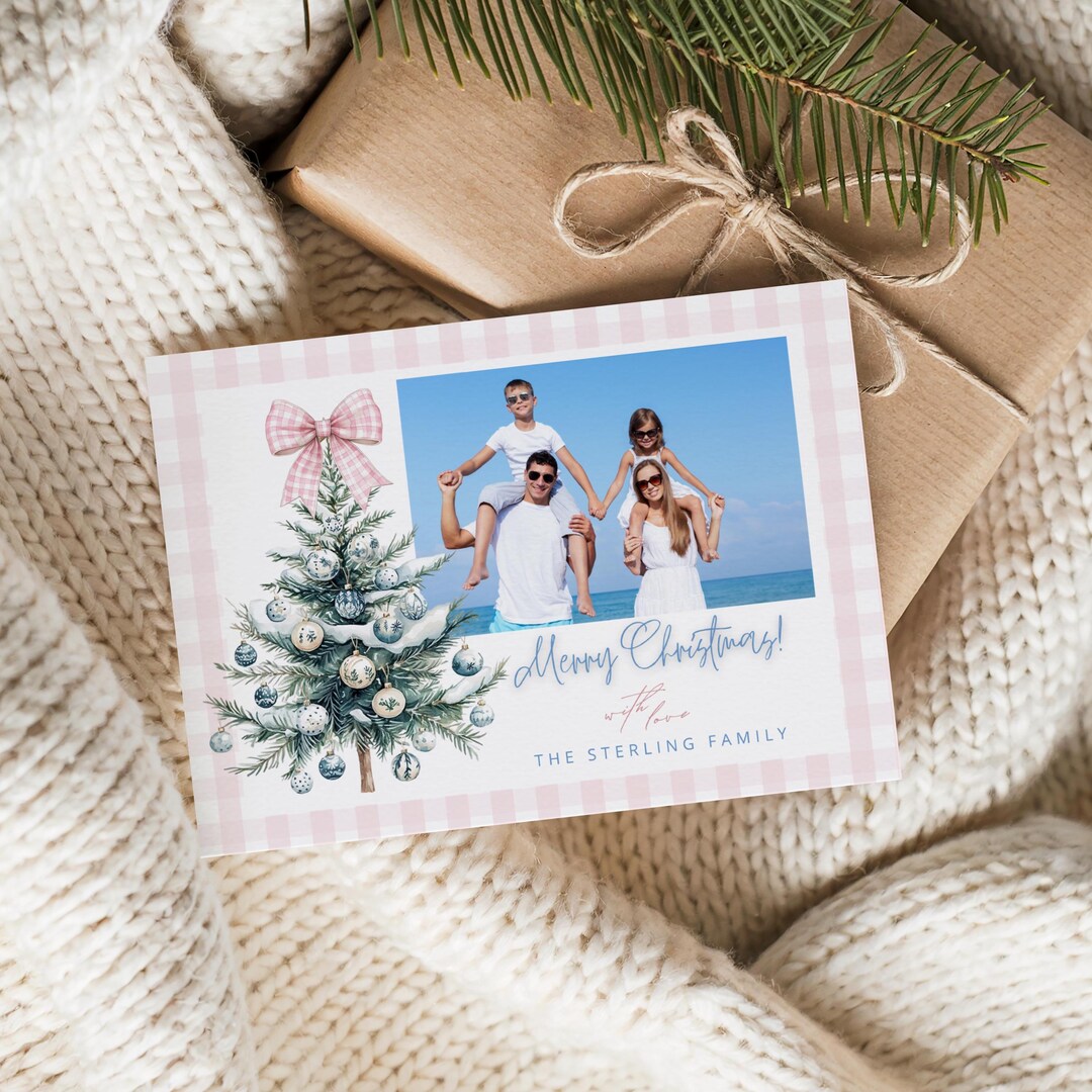 Printable Pink Bow Photo Christmas Card, Pink Christmas Cards-digital ...