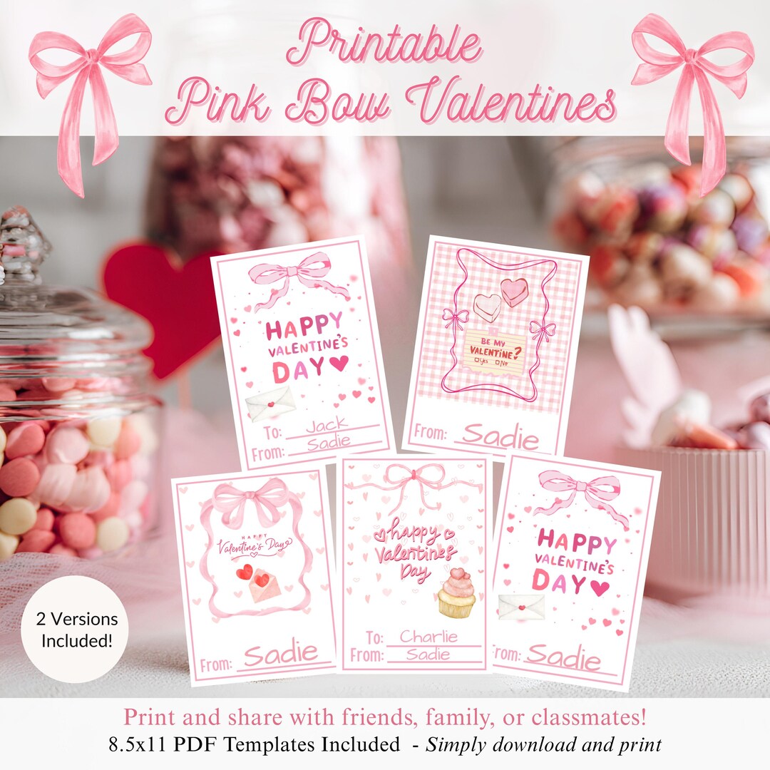 Pink Coquette Valentine Cards, Printable Girl School Valentines, Hearts ...