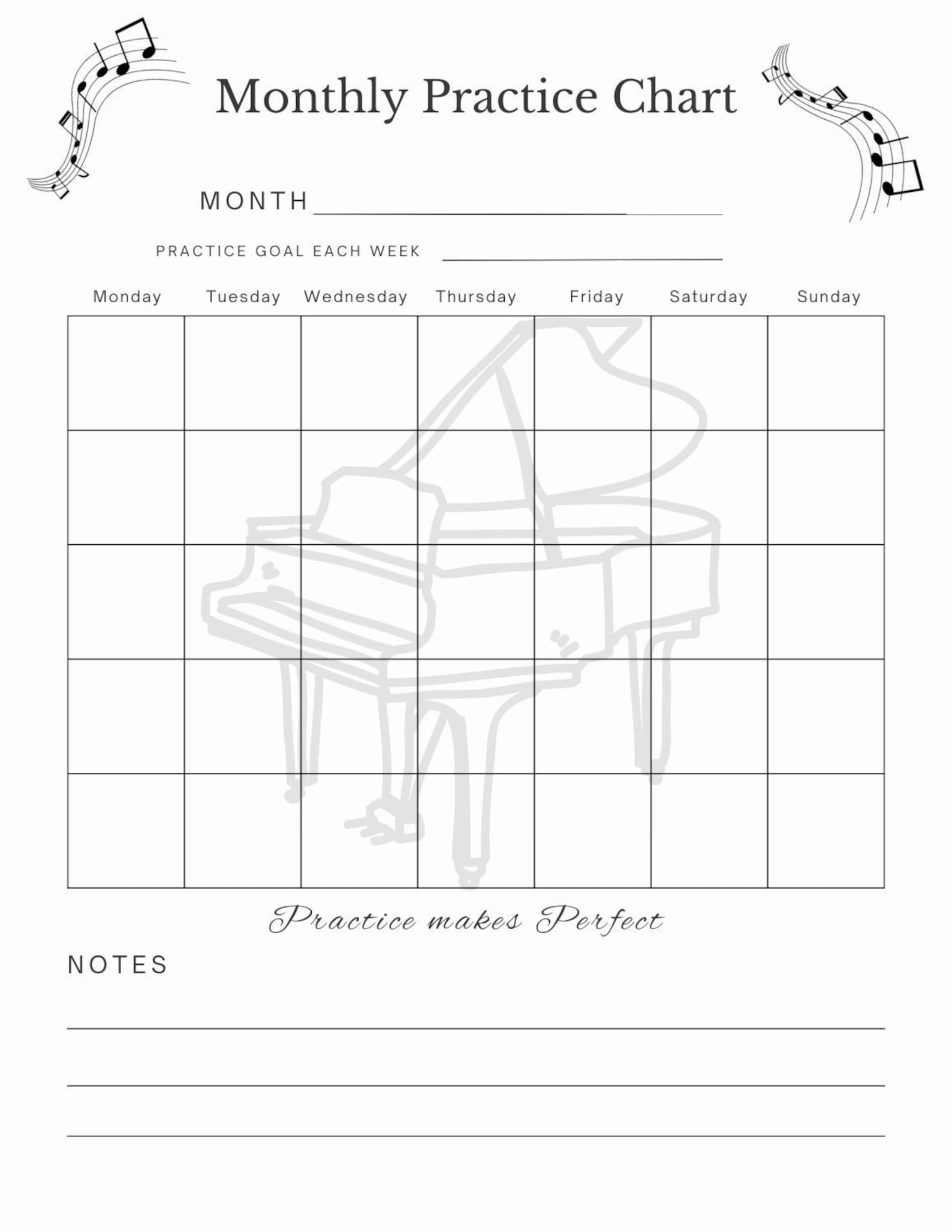 Printable Monthly Music Lesson Piano Practice Chart; Student Instrument ...