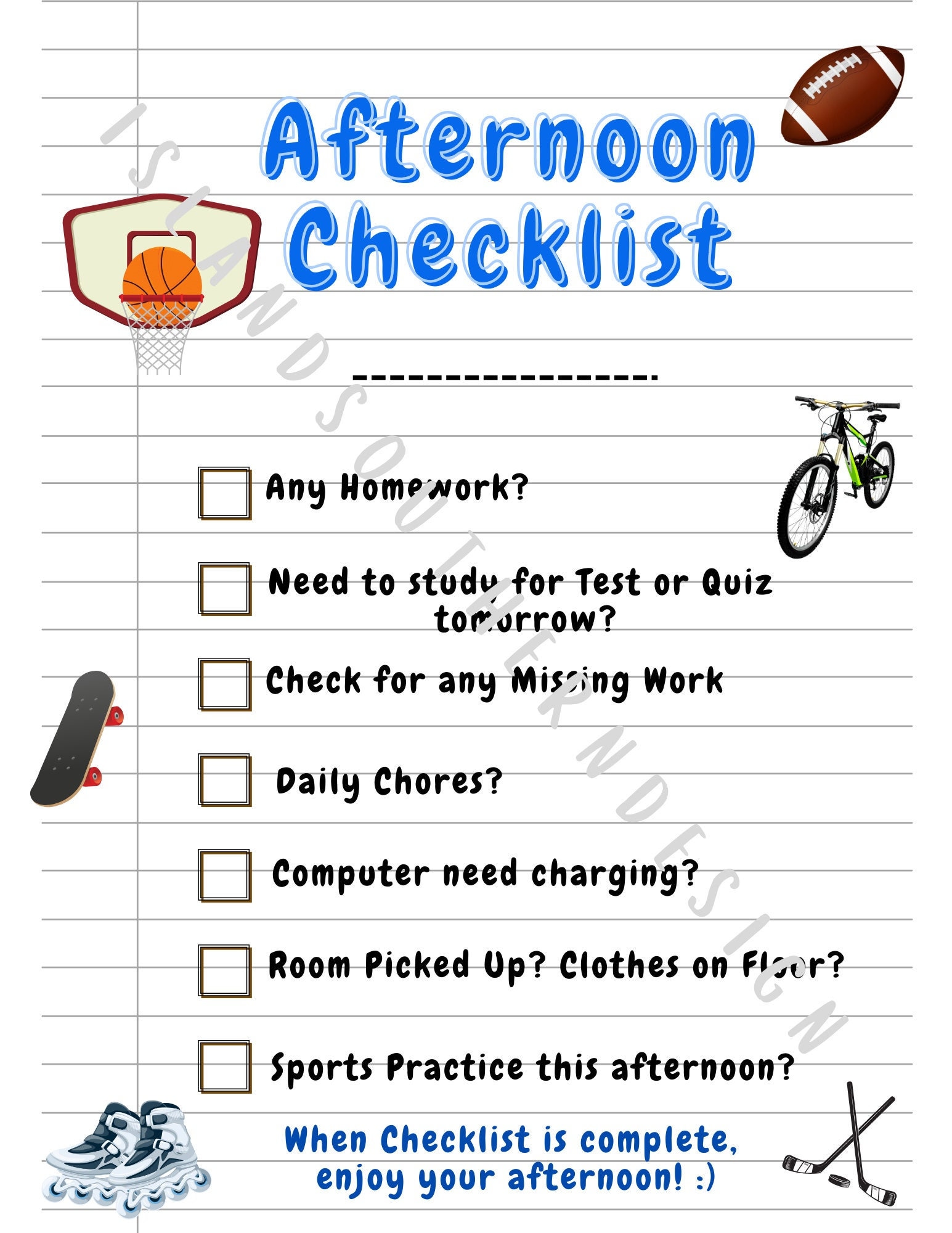 Afternoon Checklist for Boys or Teens After School Reminder Printable ...