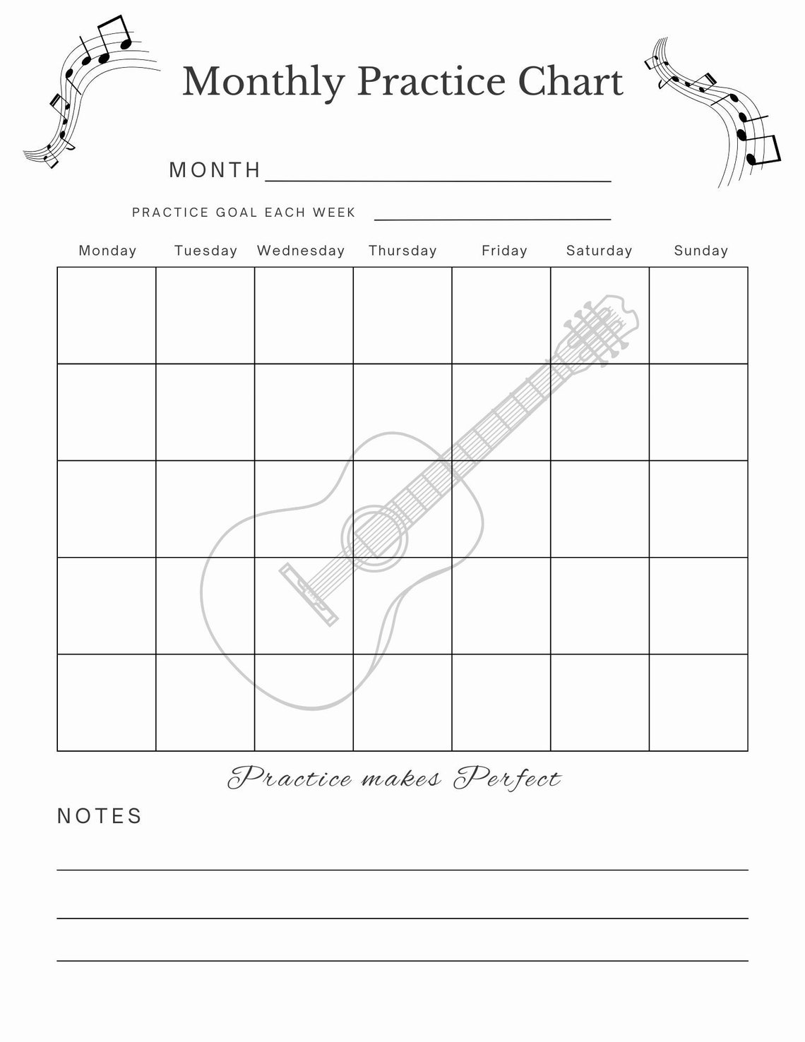 Printable Monthly Music Guitar Lesson Practice Chart; Student ...