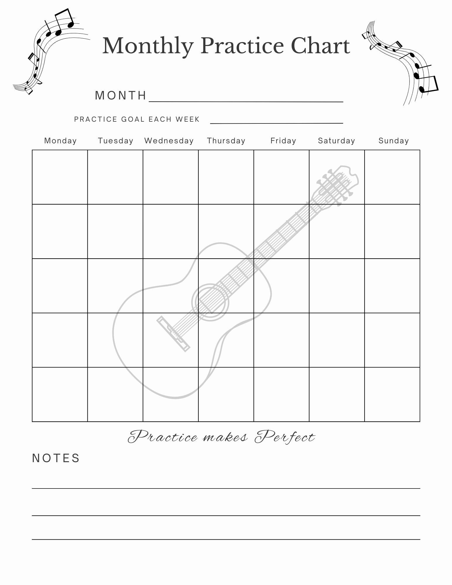 Printable Monthly Music Guitar Lesson Practice Chart; Student ...