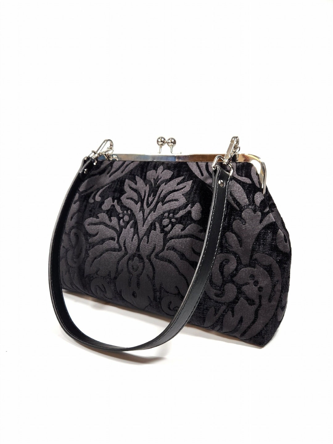 Luxury Black Brocade Chenille Damask Kisslock Purse, Gothic Style ...