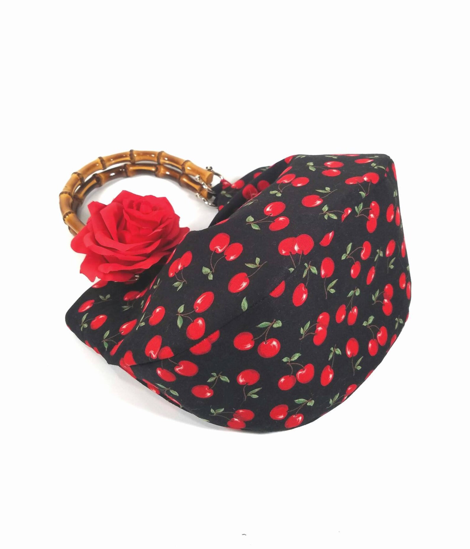 Rockabilly Red Cherries Purse With Bamboo Handles & Red Rose - Etsy