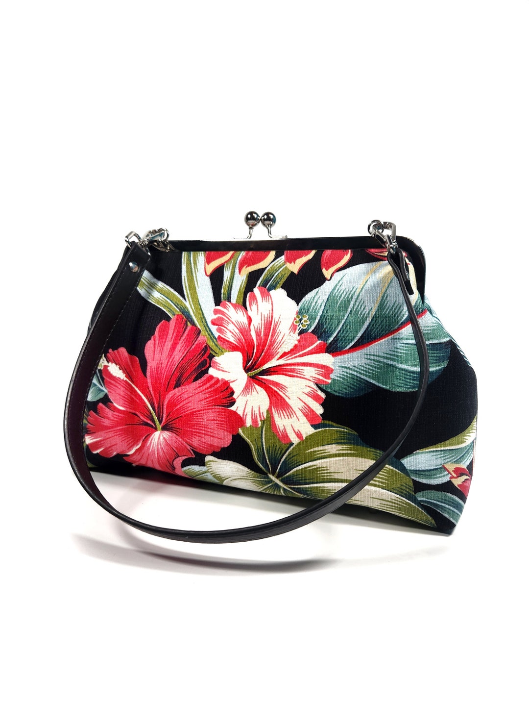 Tropical Red & Pink Hibiscus and Palm Kisslock Shoulder Bab, Vintage ...
