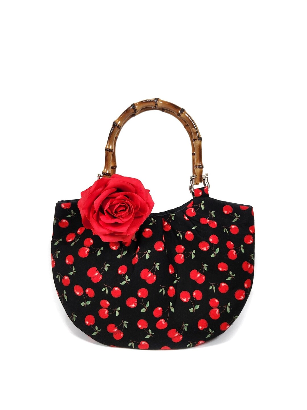 Rockabilly Red Cherries Purse With Bamboo Handles & Red Rose - Etsy