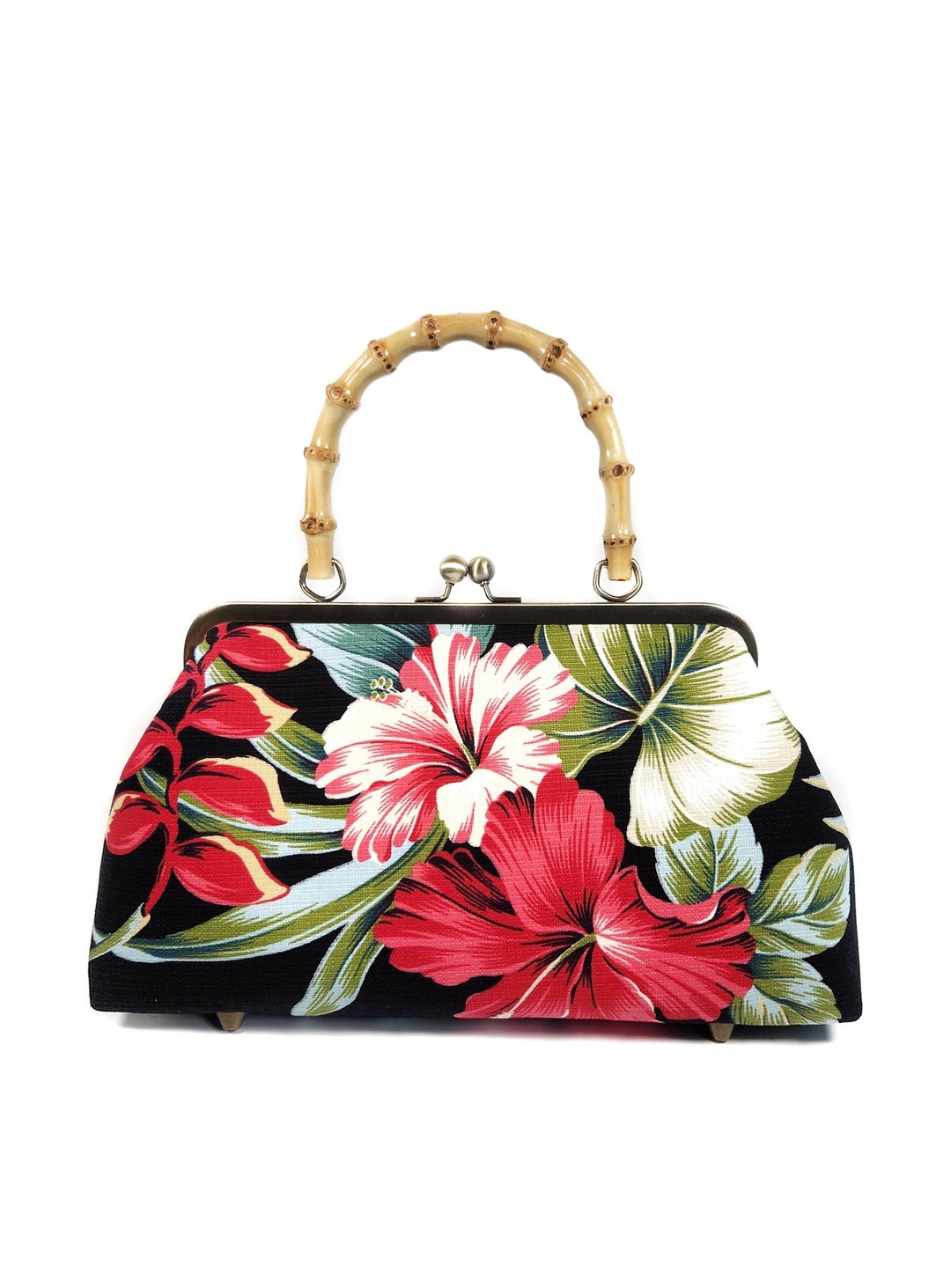 Tropical Red Hibiscus & Palm Kisslock Purse With Bamboo Handle, Vintage ...