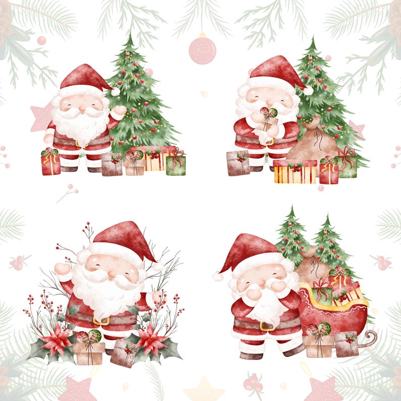 Watercolor Christmas Clipart, Santa, Reindeer, Snowman (PNG, 300 DPI ...