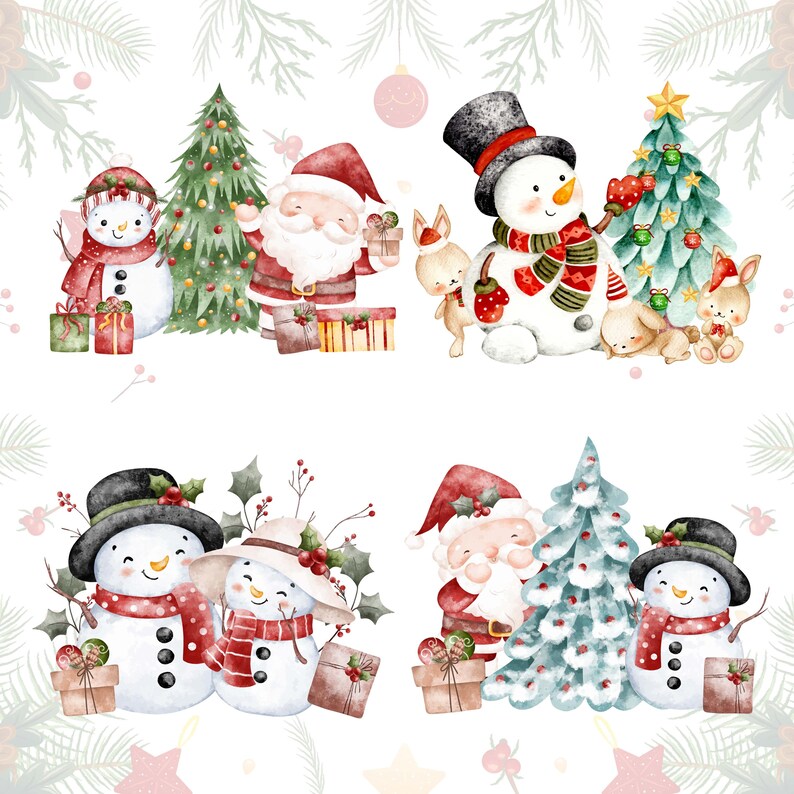 Watercolor Christmas Clipart, Santa, Reindeer, Snowman (PNG, 300 DPI ...