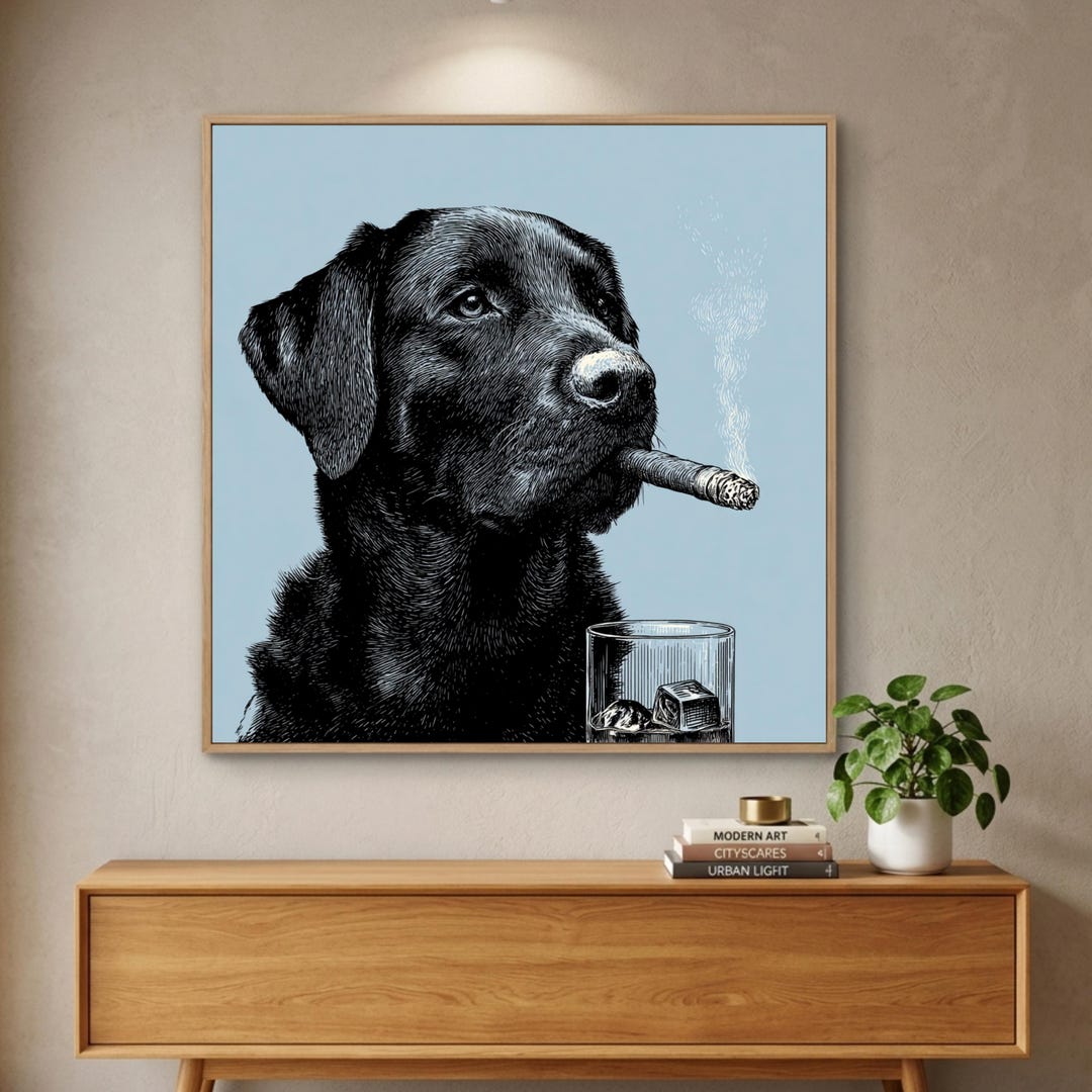 Black Lab Smoking Cigar Whiskey, Canvas or Poster, Animal Decor, Black ...