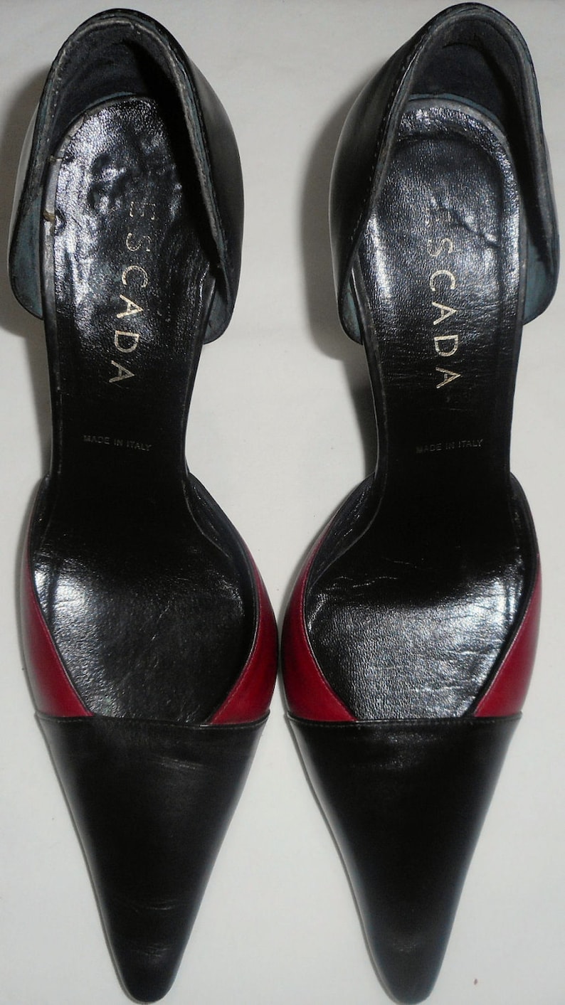 ESCADA Vintage Shoes Pump Heels 6 36 Red Black Leather Block Spectator ...