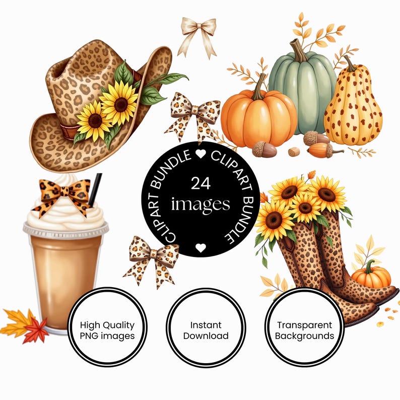 Leopard Fall Clipart Bundle: Watercolor Pumpkins, Sunflowers ...