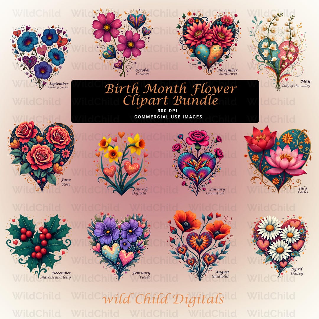 Birth Month Flower Clipart | Heart Floral PNG Bundle (commercial Use ...