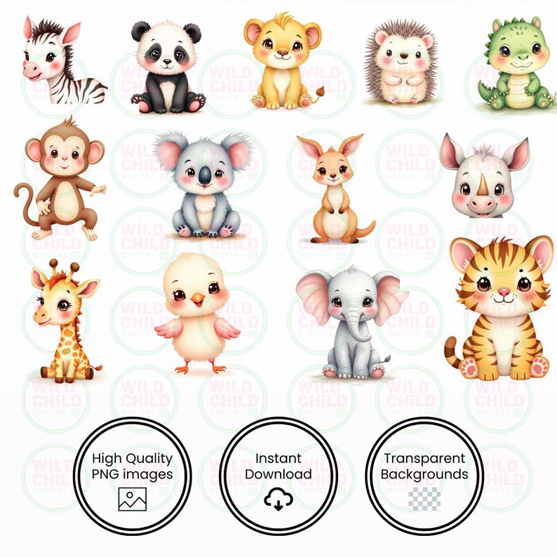 Safari Baby Animals Clipart Bundle: Watercolor Jungle, 20 Pngs (digital ...