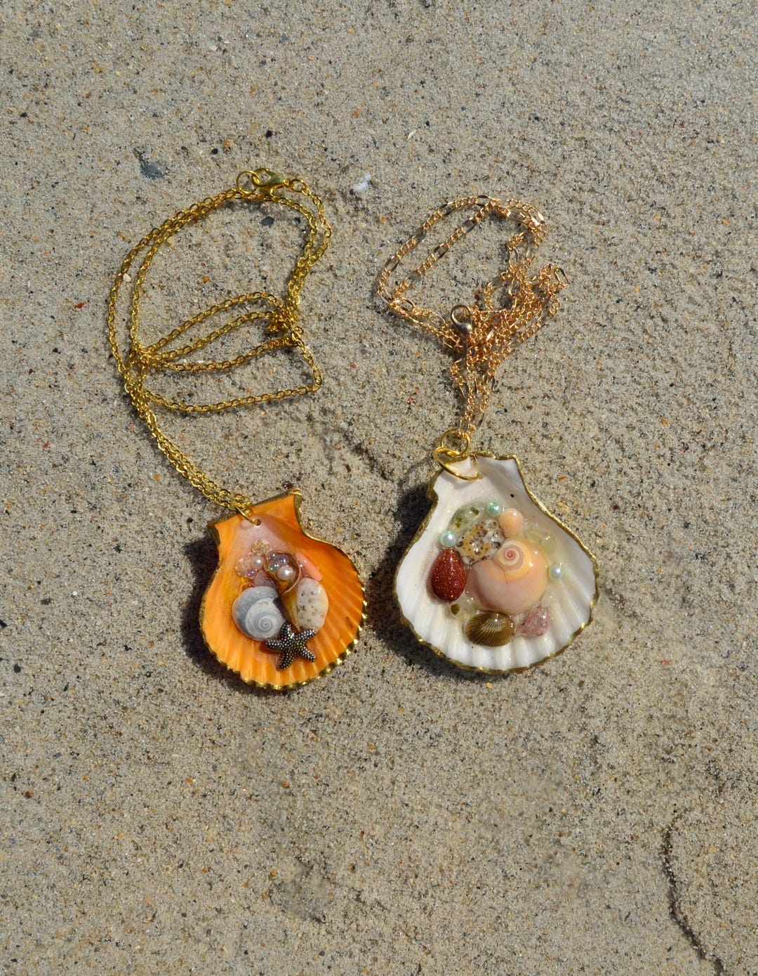 Gold Dipped Seashell Necklace: Resin and Decoupage Pendant, Gold Color ...