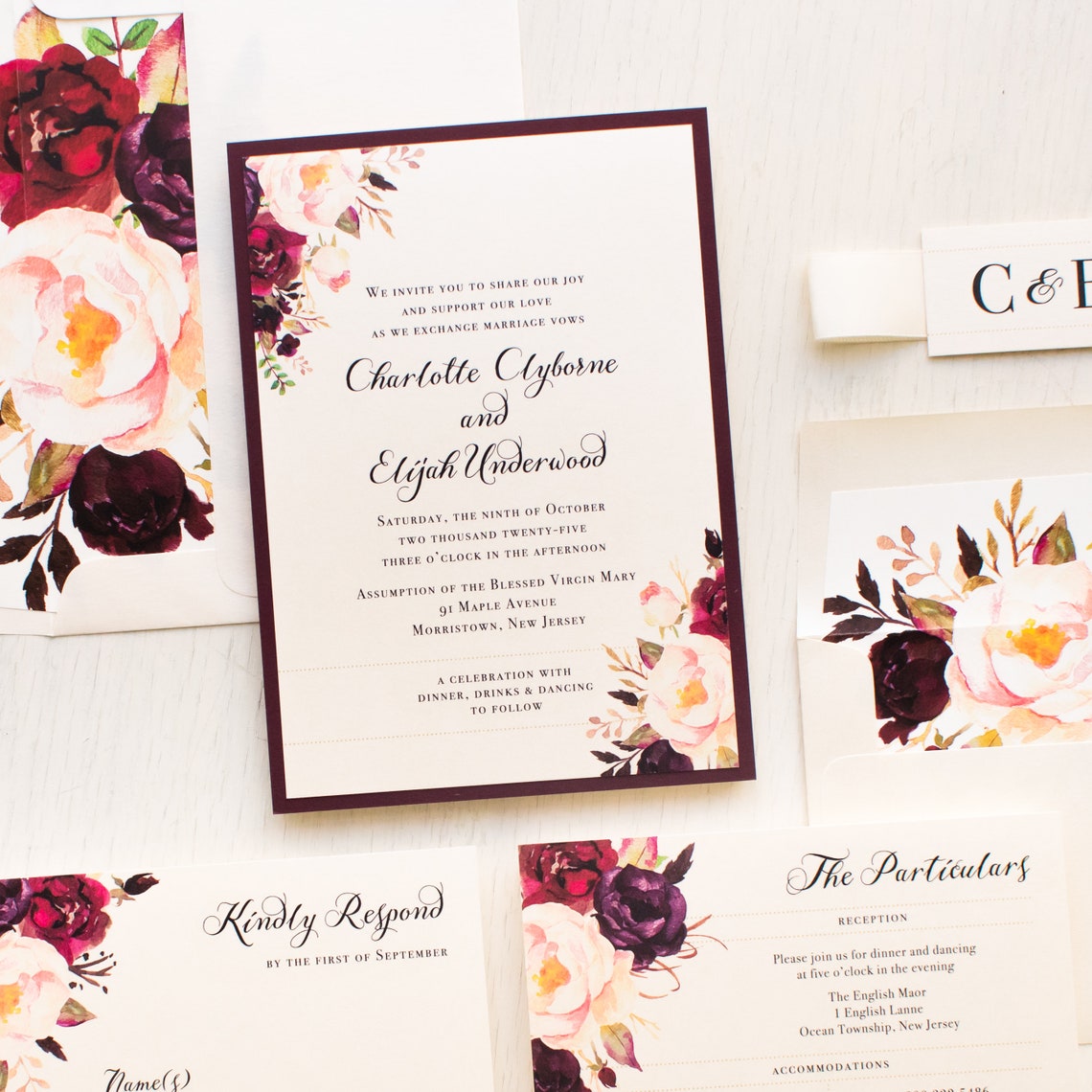 Burgundy Floral Wedding Invitation Sample - Etsy