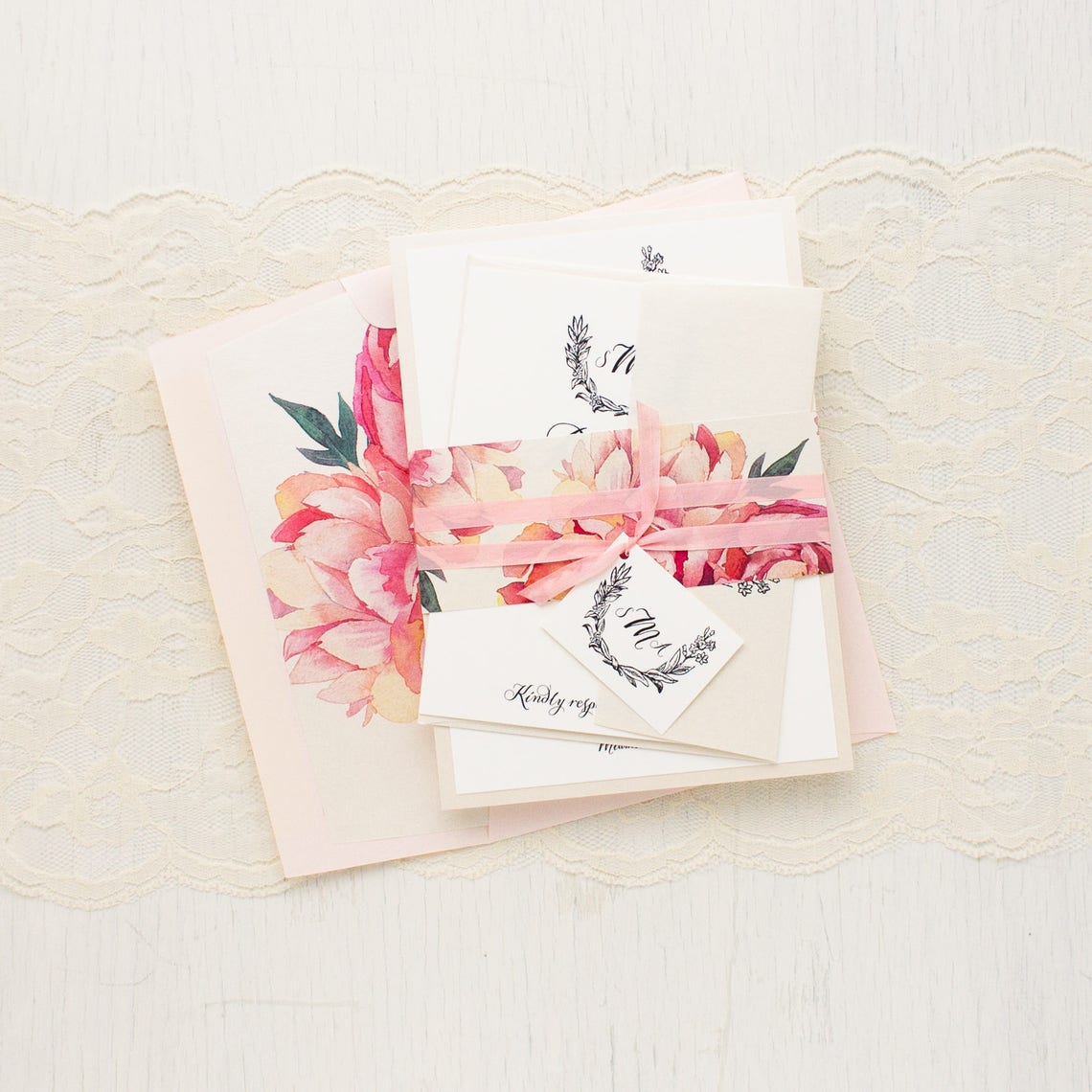 Pink Peonies Wedding Invitation Sample | Etsy