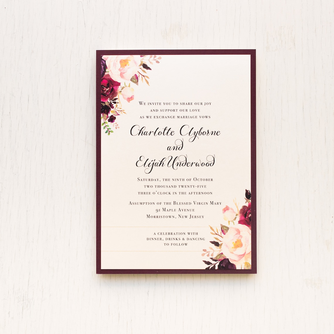 Burgundy Floral Wedding Invitation Sample - Etsy