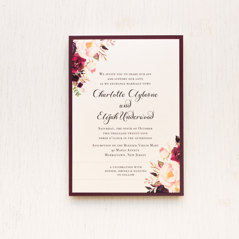 Burgundy Floral Wedding Invitation Sample - Etsy