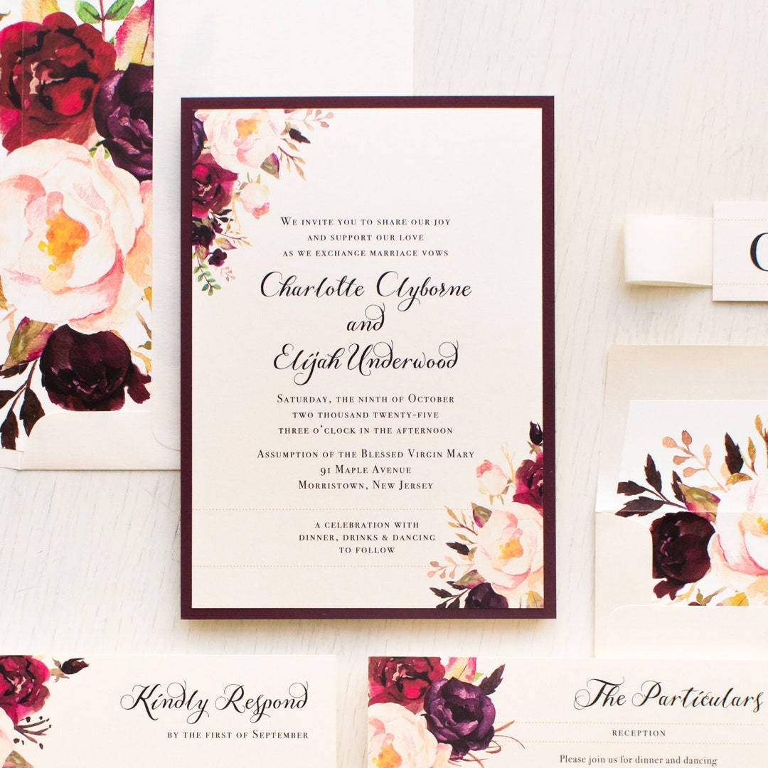 Burgundy Floral - Wedding Invitation - Sample - Etsy