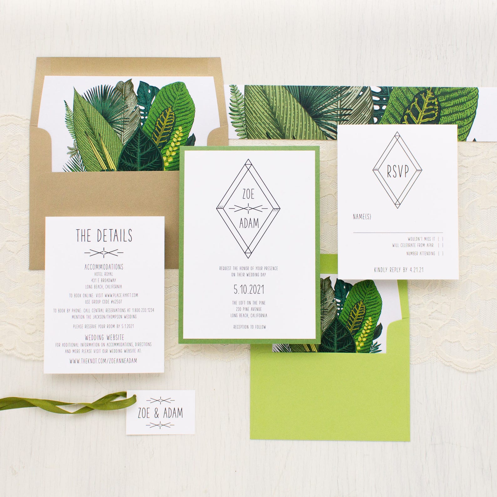 Green Leaf Wedding Invitation Sample | Etsy