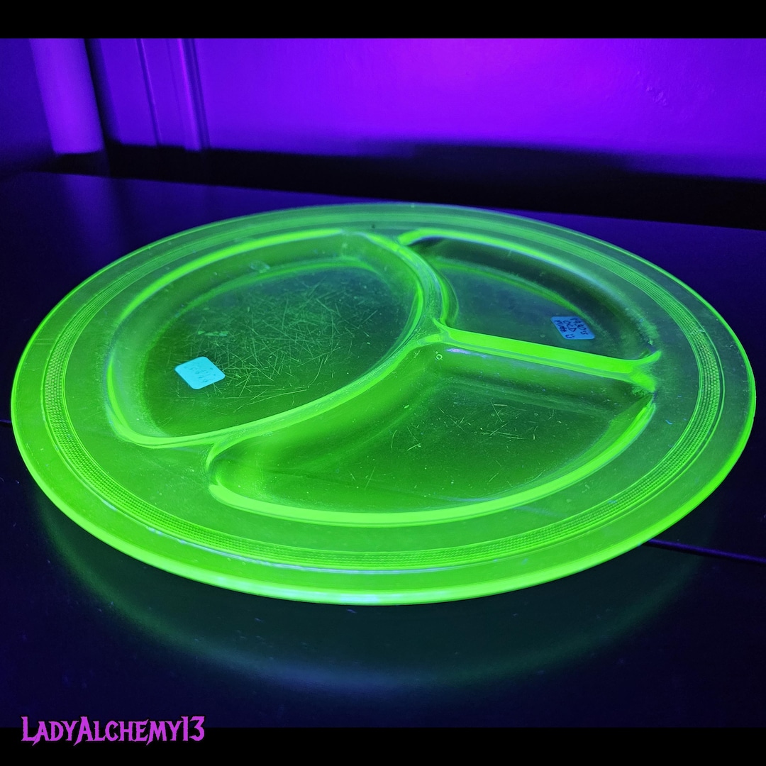 Uranium Glass Green 1930s Divided Plate OCD Antique UV Reactive Glowing ...