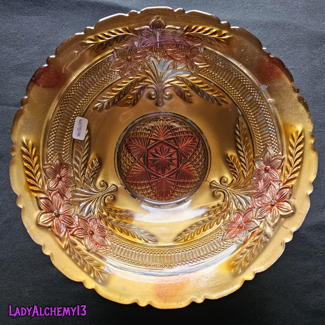 Antique Victorian Goofus Glass Bowl Red Flowers Gold Paint Macabre Art ...