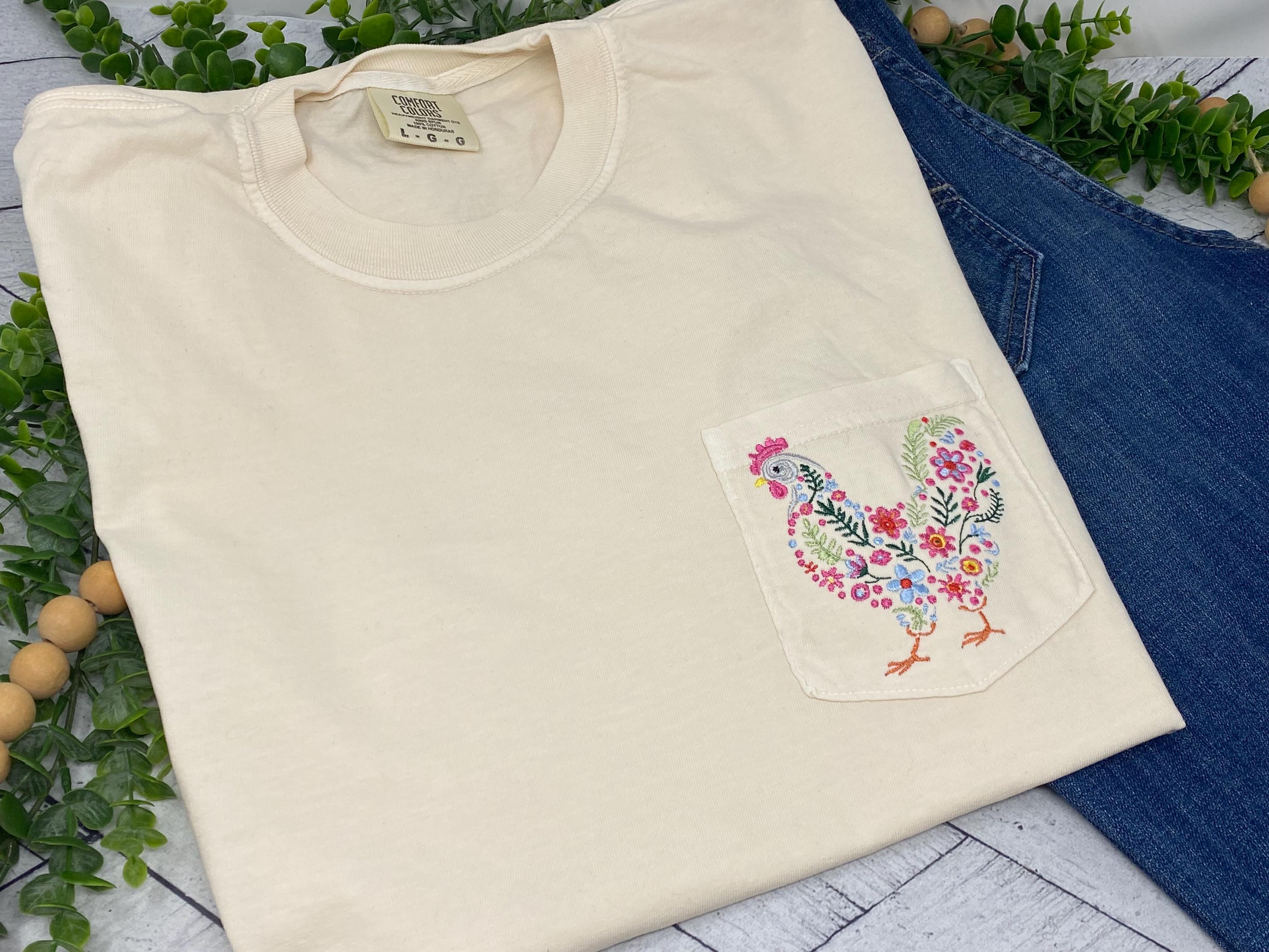 Floral Chicken Embroidered Pocket Tee | Comfort Colors Pocket Shirt ...