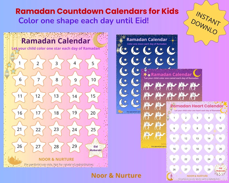 Ramadan Countdown Calendar for Kids: Star, Moon, Camel, Heart Designs ...