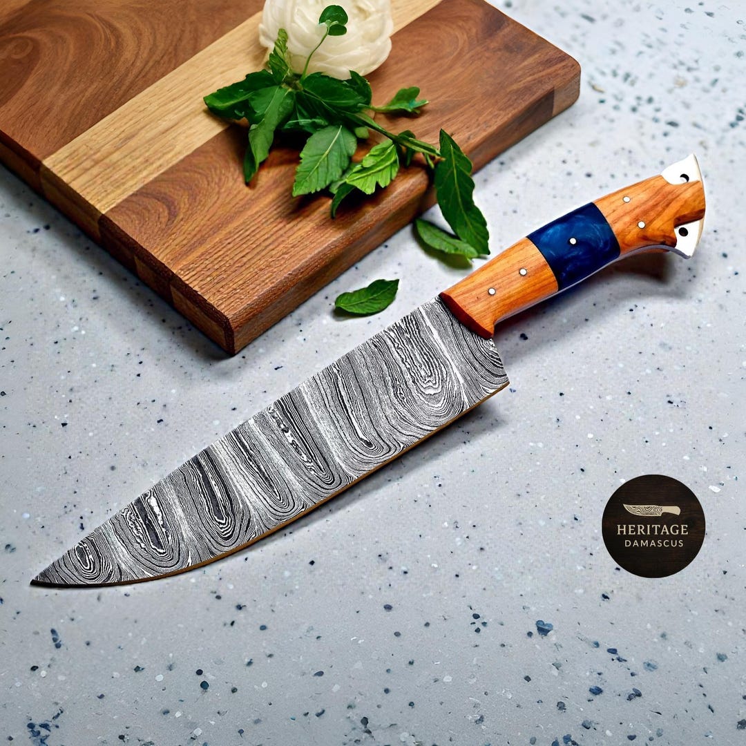 Handmade Damascus Chef Knife | 8” Forged Kitchen Knife | Wood & Resin ...