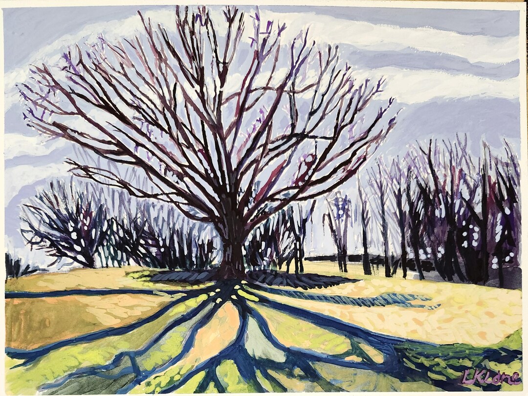 Original Gouache Painting-winter Tree Landscape With Dramatic Long ...