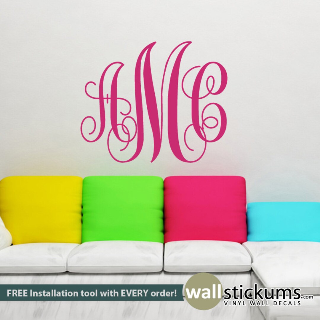 Monogram Wall Decal - Interlocking Script Initials Vinyl Wall Art Decal ...