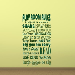 Play Room Rules Wall Decal Vinyl Playroom Wall Quote Living Bedroom ...