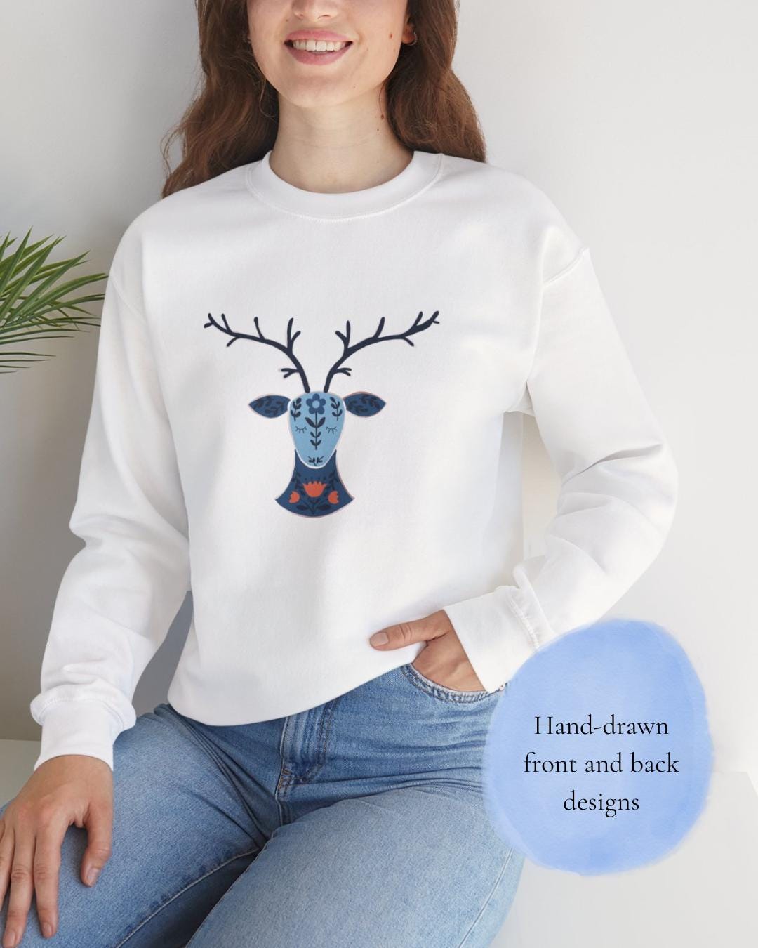 Nordic Reindeer Christmas Sweatshirt, Folk Art Holiday Sweater, Cozy ...