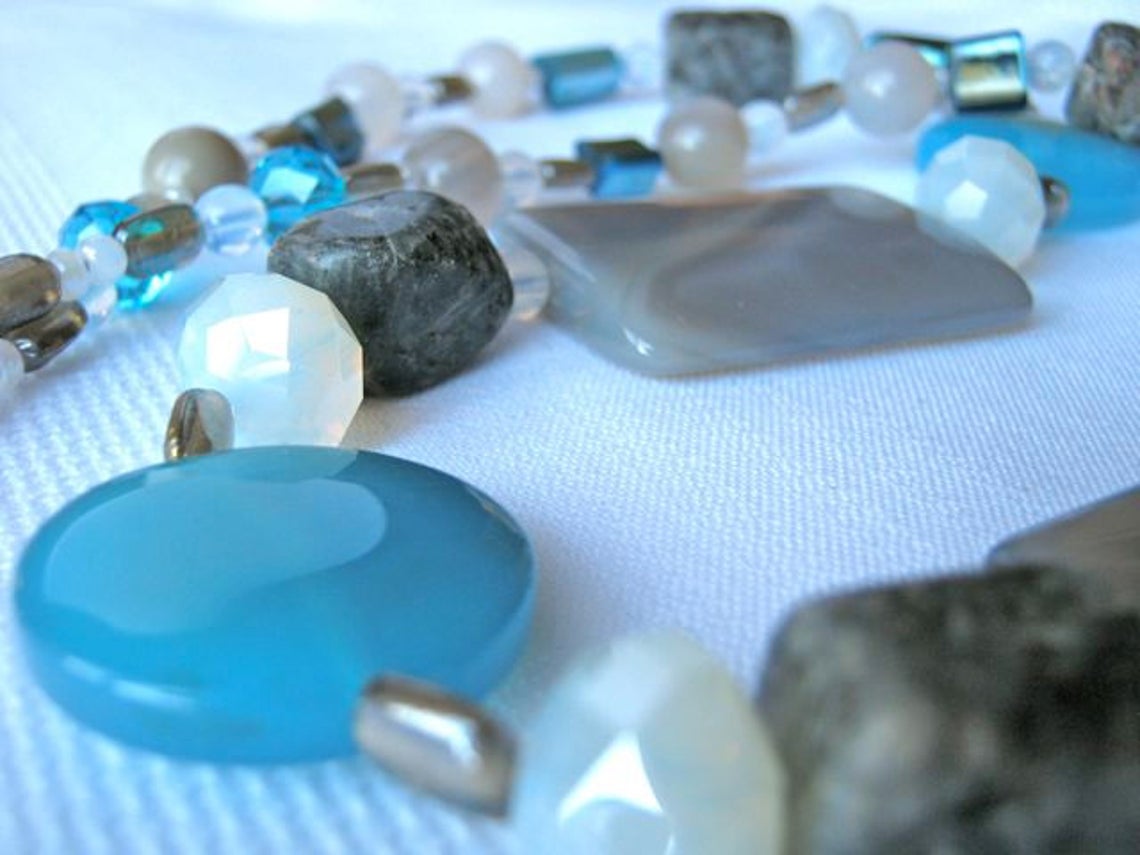 Blue Ice Necklace & Earrings Set - Sky Blue, Grey, White, Semi-precious ...
