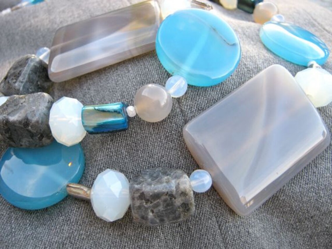 Blue Ice Necklace & Earrings Set - Sky Blue, Grey, White, Semi-precious ...