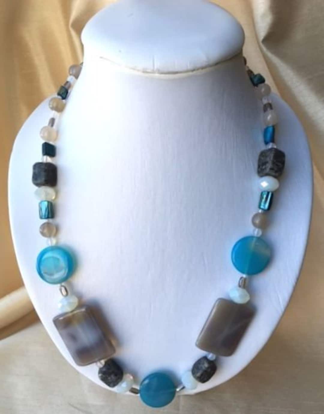Blue Ice Necklace & Earrings Set - Sky Blue, Grey, White, Semi-precious ...