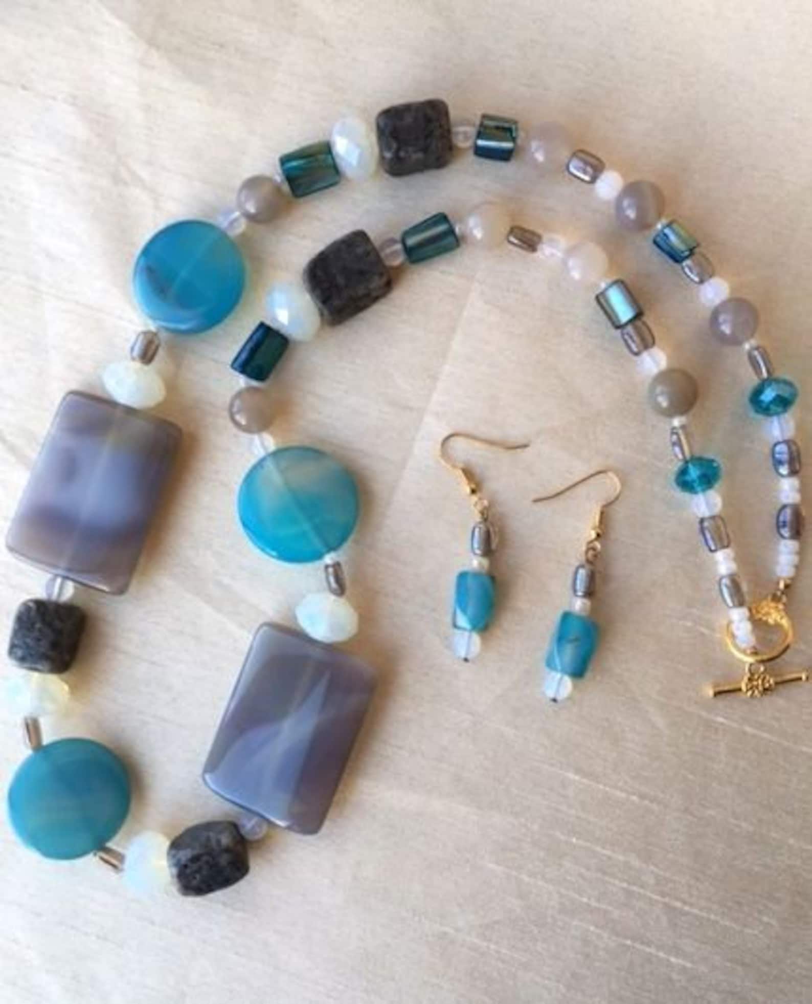 Blue Ice Necklace & Earrings Set - Sky Blue, Grey, White, Semi-precious ...