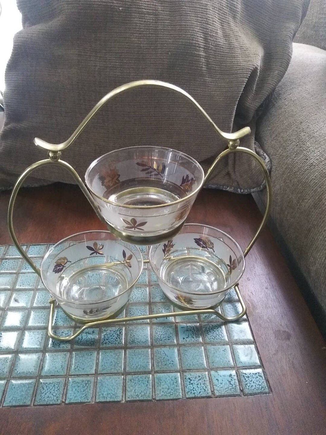 Vintage Libbey Gold Leaf Frosted Glass 3 Bowl Stand Caddy Barware Mid ...