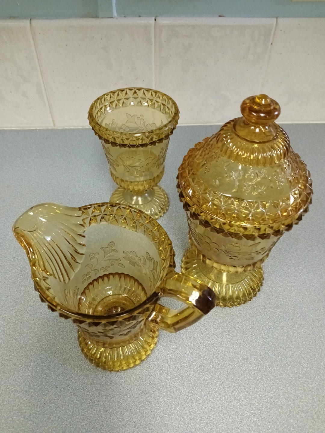 EAPG Set of Spooner Creamer (pitcher) & Covered Sugar Amber in Color ...