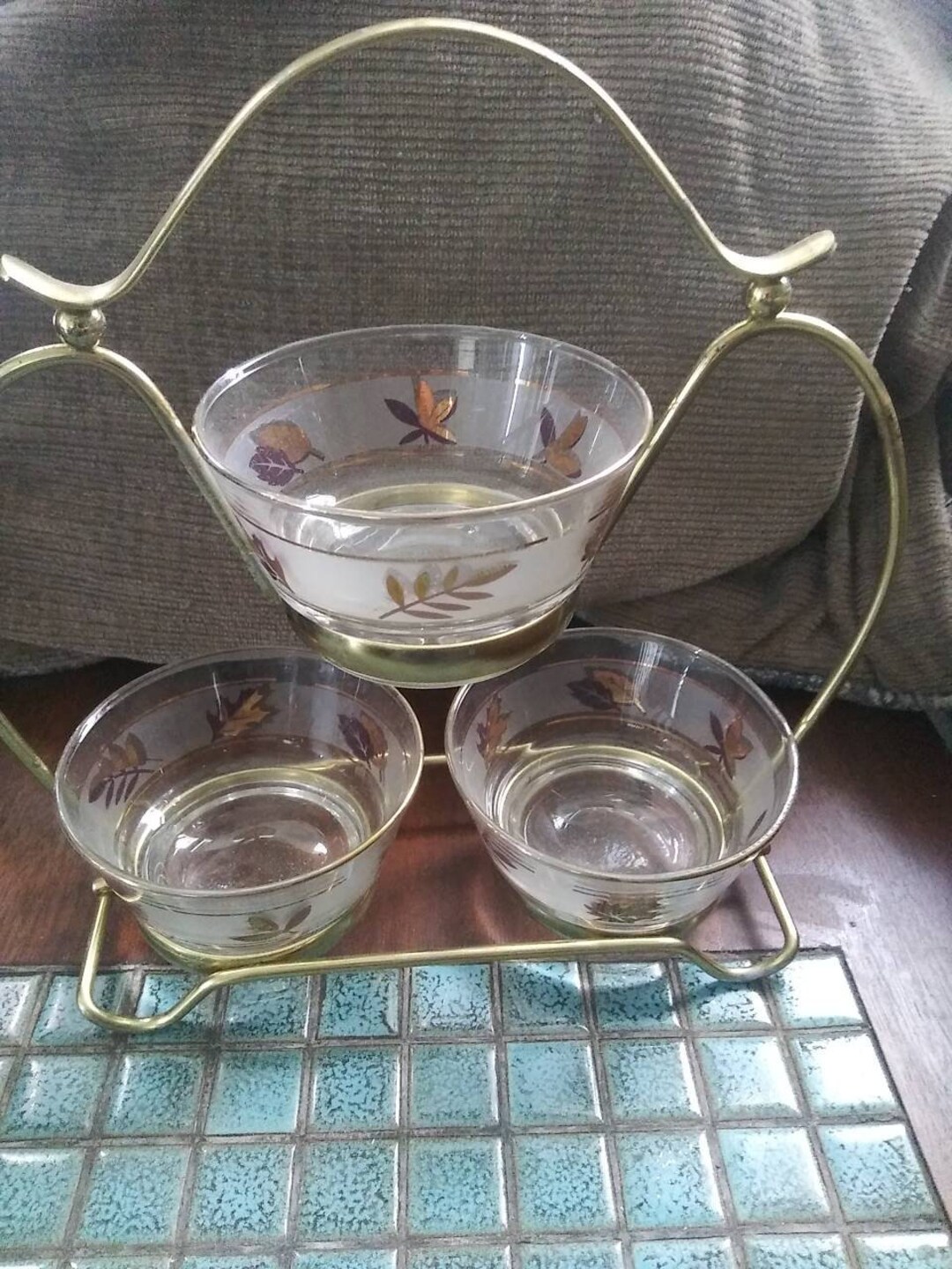 Vintage Libbey Gold Leaf Frosted Glass 3 Bowl Stand Caddy Barware Mid ...