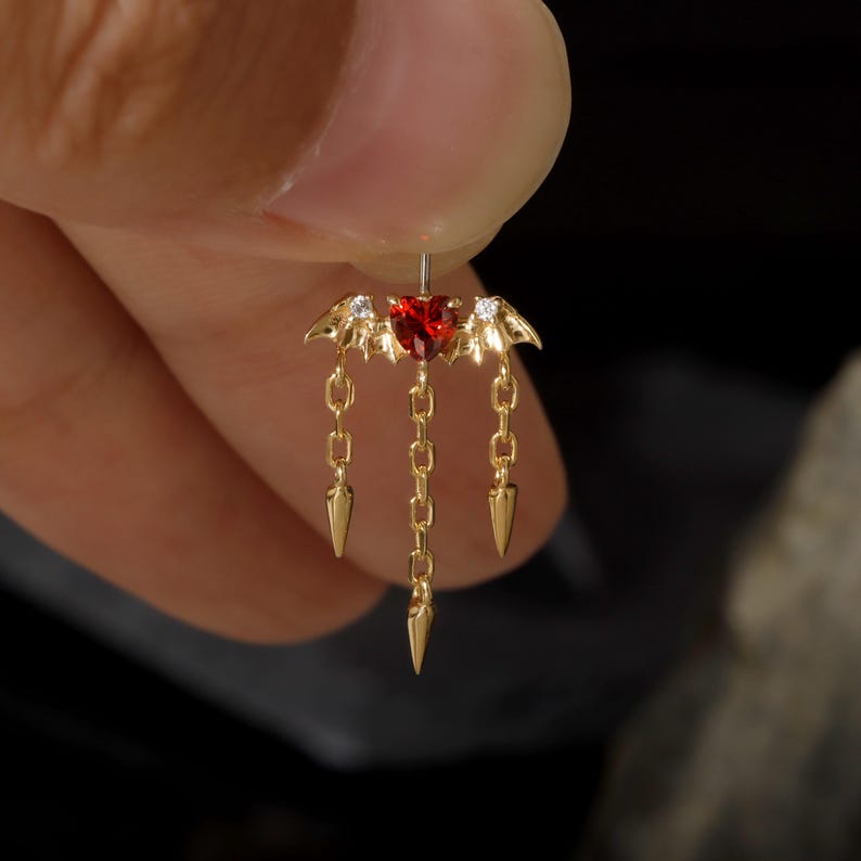 Gold Vertical Helix Piercing Earring, Red Heart Bat Wings Spike Chain ...