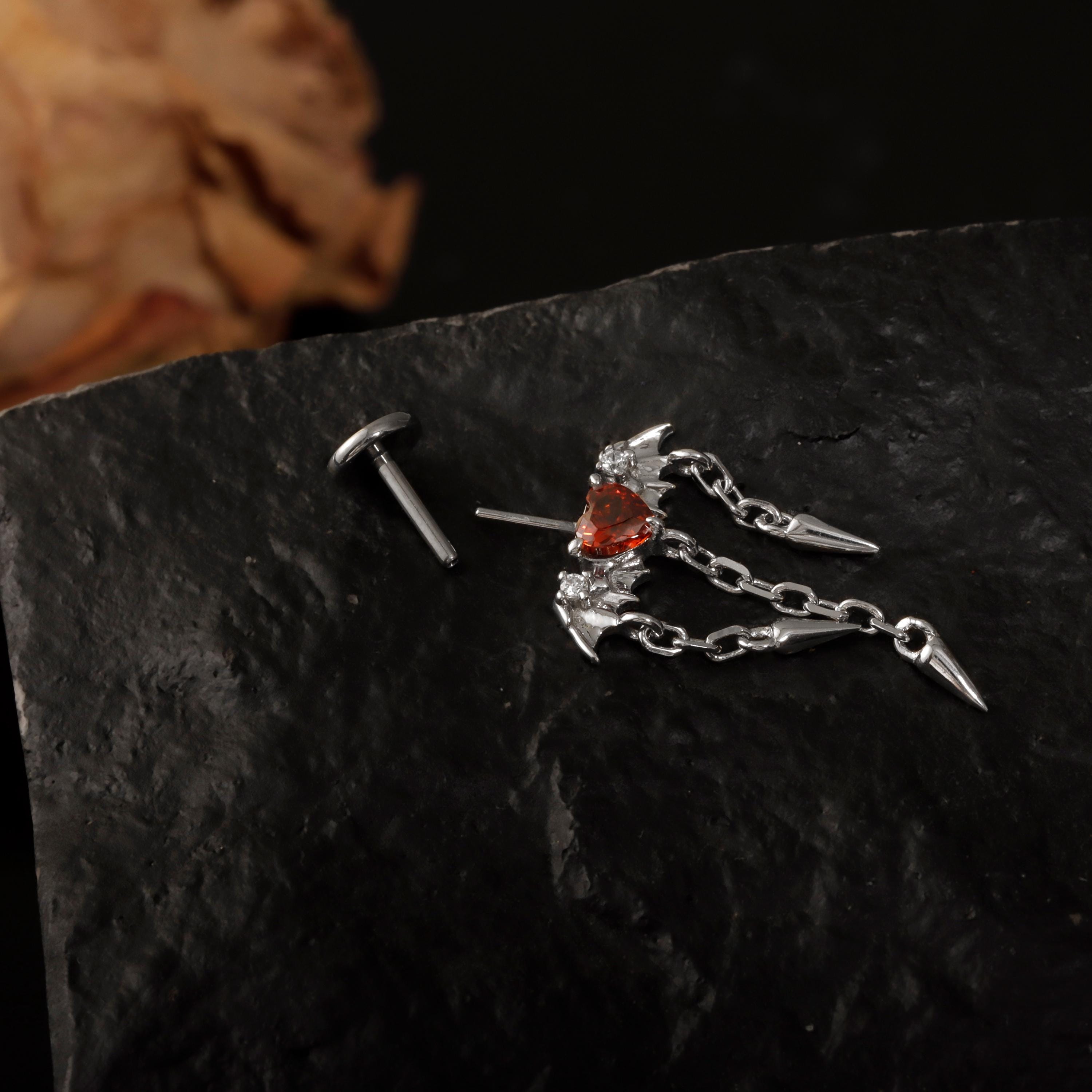 Vertical Helix Piercing Earring, Red Heart Bat Wings Spike Chain Dangle ...