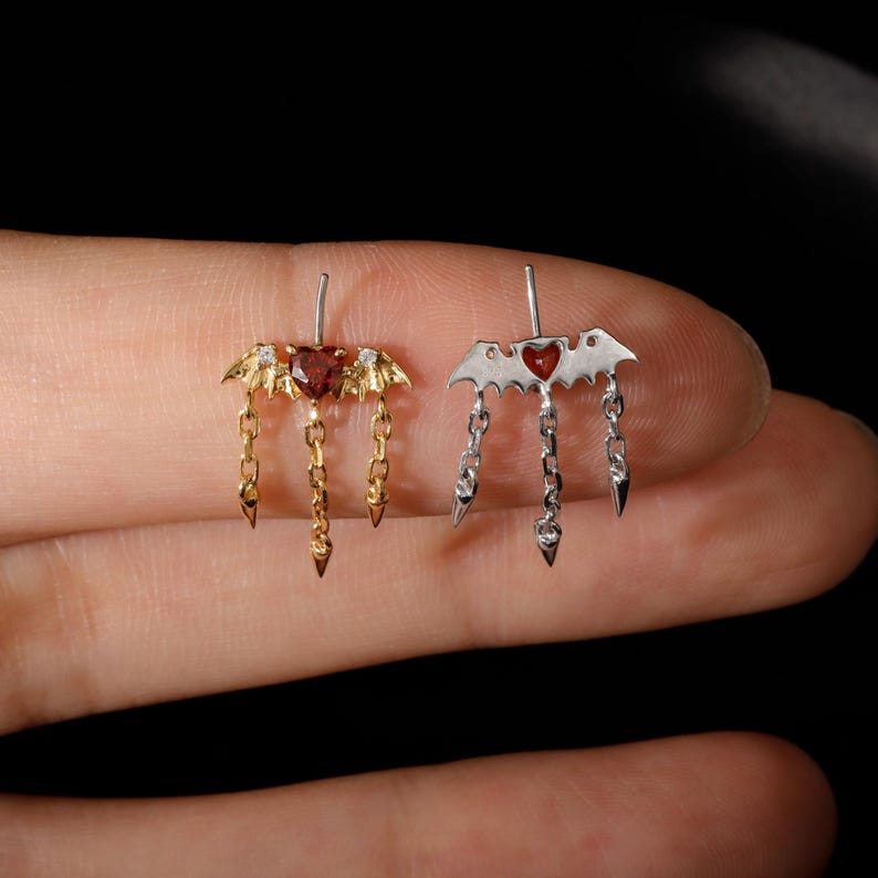 Gold Vertical Helix Piercing Earring, Red Heart Bat Wings Spike Chain ...