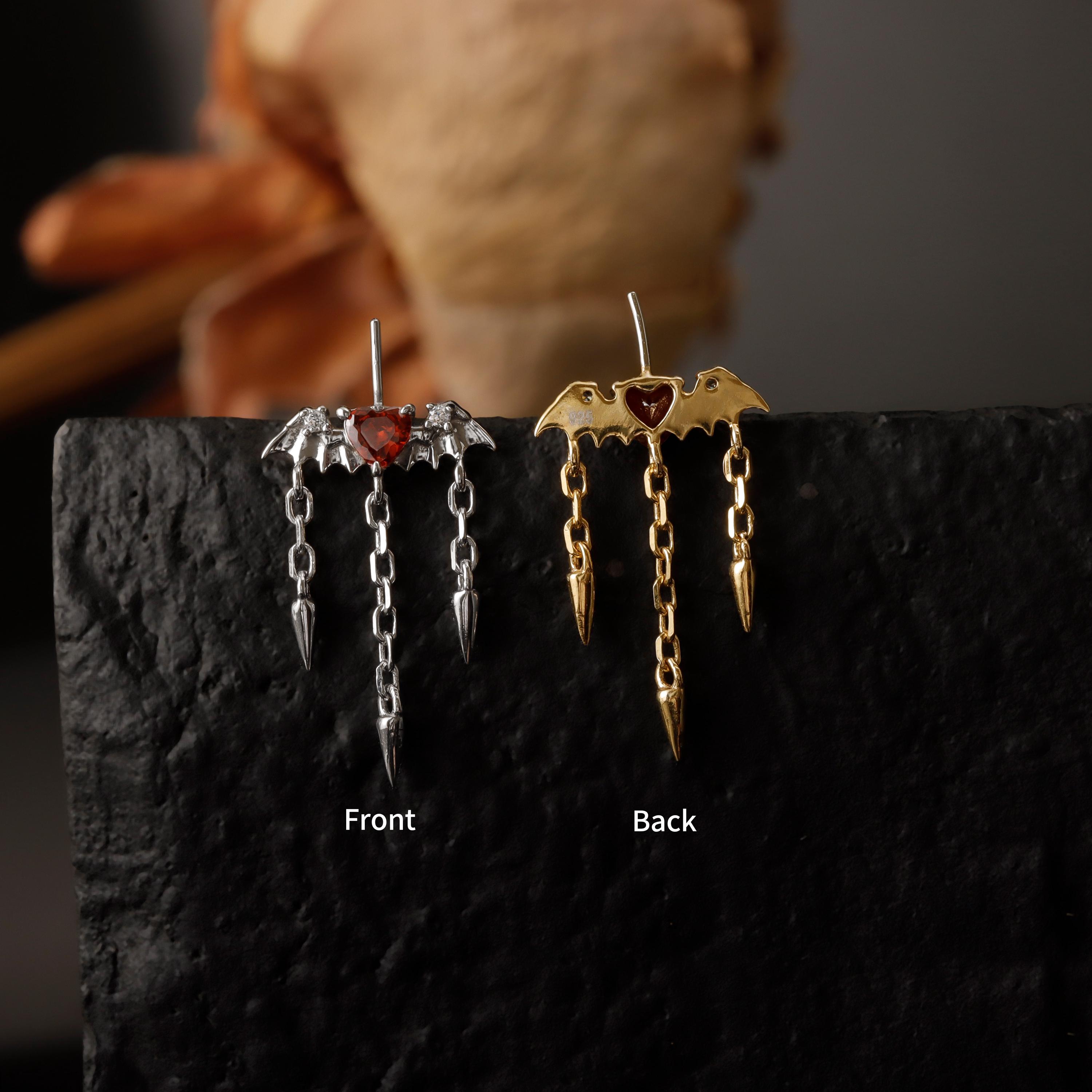 Vertical Helix Piercing Earring, Red Heart Bat Wings Spike Chain Dangle ...
