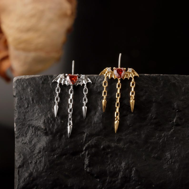 Gold Vertical Helix Piercing Earring, Red Heart Bat Wings Spike Chain ...